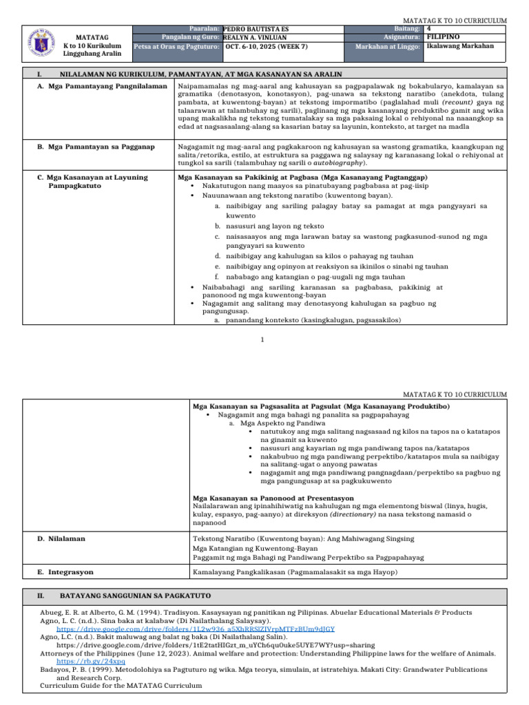Dll Matatag _filipino 4 q2 w6 | PDF