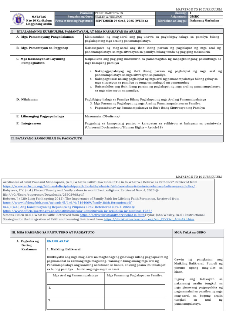 DLL Matatag - GMRC 4 q2w5 | PDF