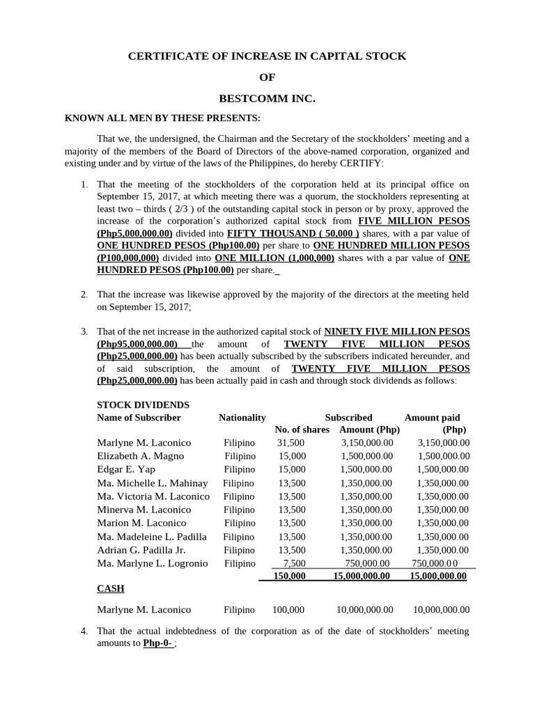 Certificate of Increase in Capital Stock BC | PDF | Knowledge Economy ...