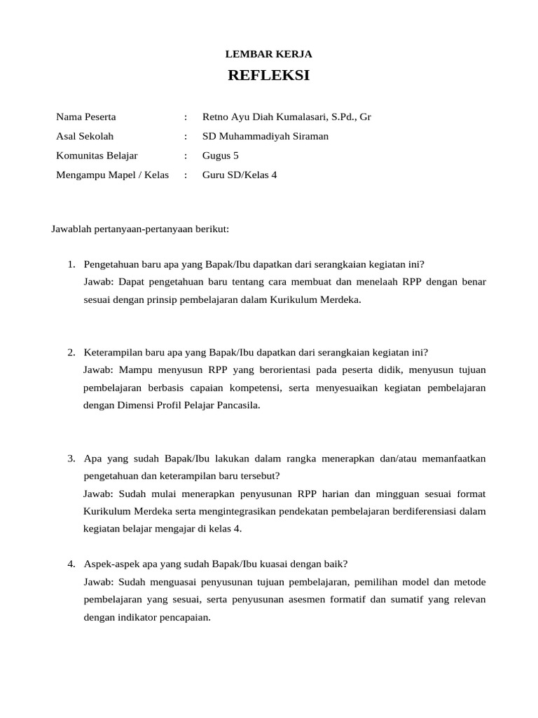 Pola 2 - Lembar Kerja Refleksi - Retno Ayu Diah K | PDF