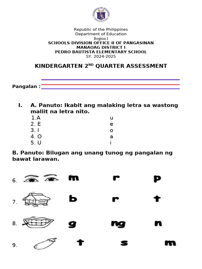 2nd Quarter Exsmination-Kindergarten | PDF