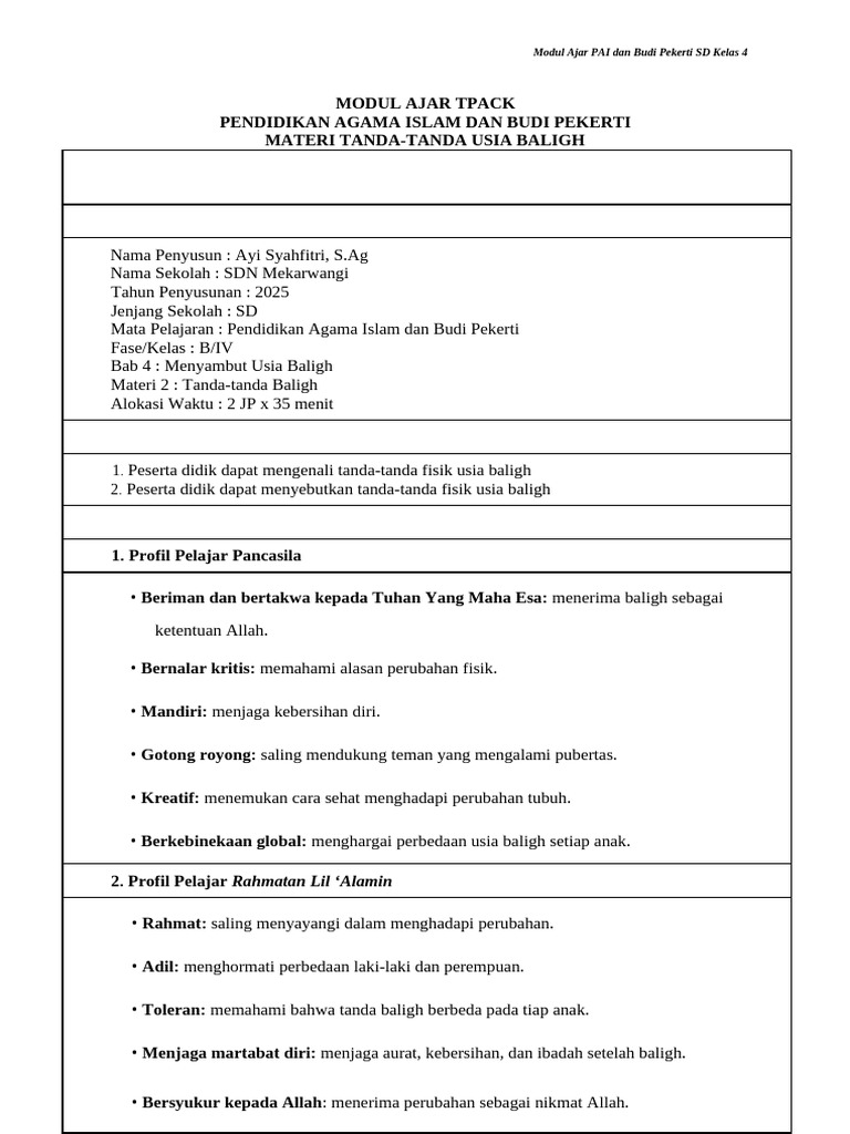 Modul Ajar PAIBP Kls 4 Materi BAB 4 (Tanda-Tanda Baligh) | PDF