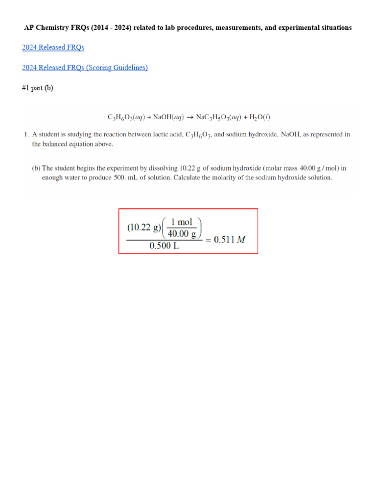 AP Chemistry FRQs: 2014-2024 Overview | PDF