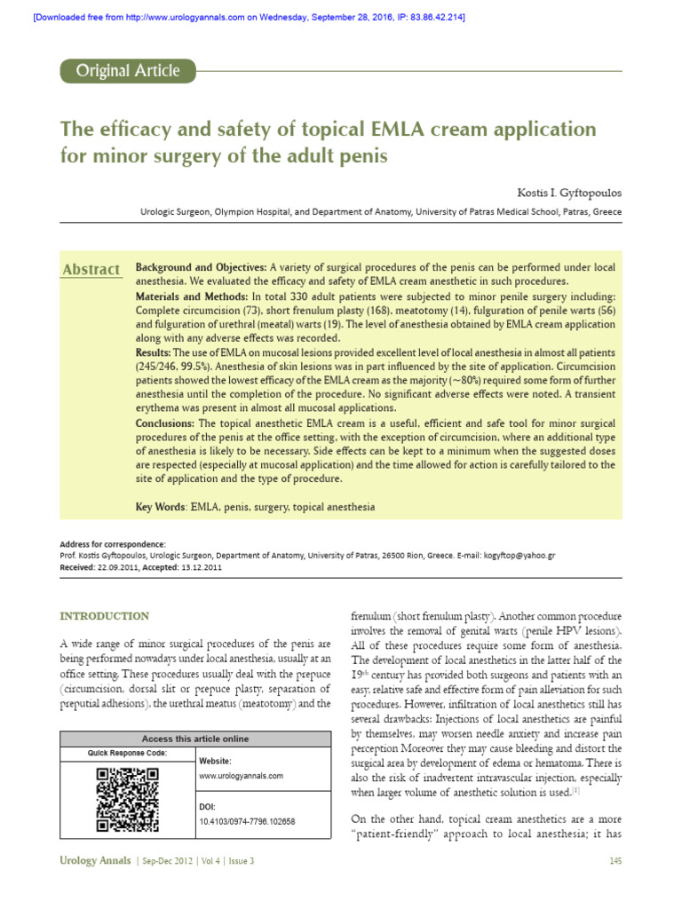 EMLA Cream for Minor Penile Surgery | PDF | Anesthesia | Circumcision