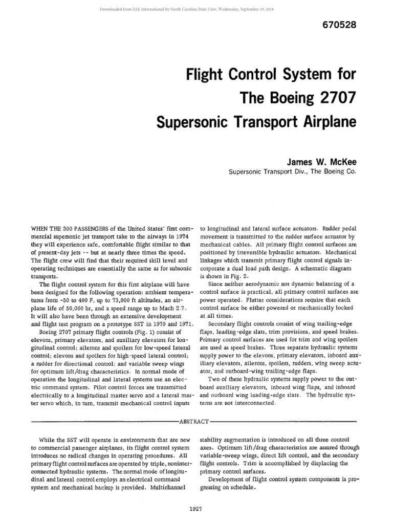 Flight Control System For The Boeing 2707 Supersonic Transport Airplane ...