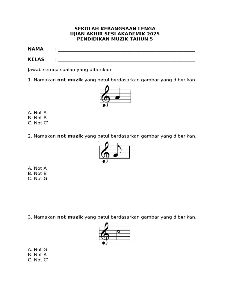 Ujian Muzik Tahun 5 SK Lenga | PDF
