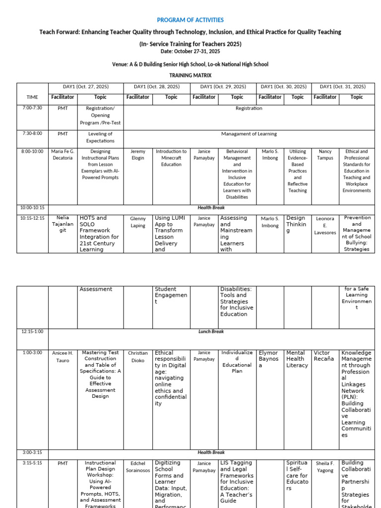 Inset Training Matrix 2025-2026 | PDF | Intelligence | Behavior Modification