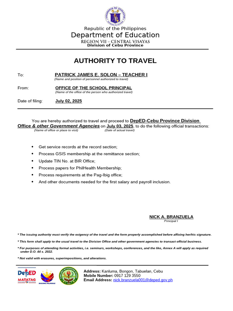 Authority to Travel for DepEd Cebu | PDF | Government