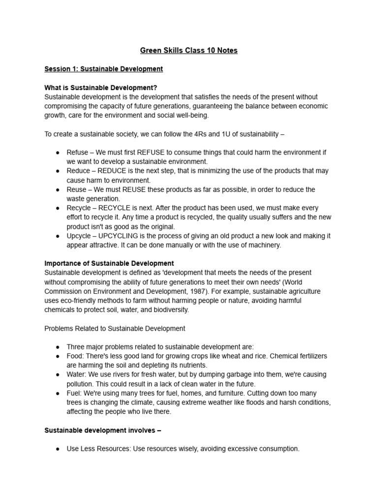 Green Skills Class 10 Notes | PDF | Sustainability | Sustainable ...