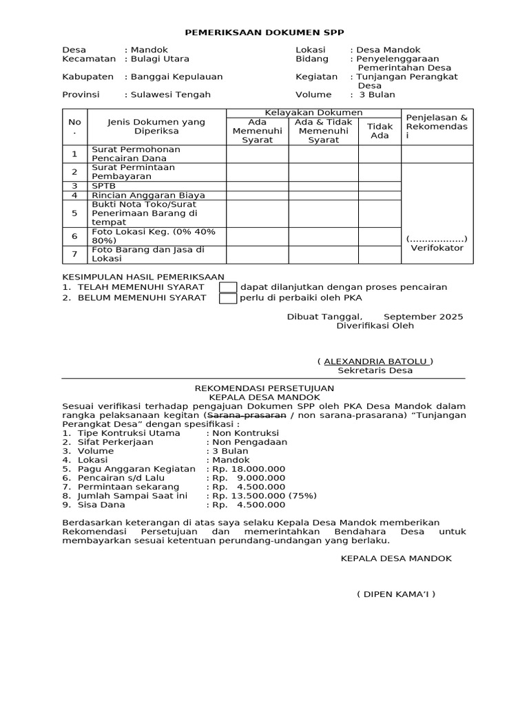 Pemeriksaan Dokumen SPP Desa Mandok | PDF