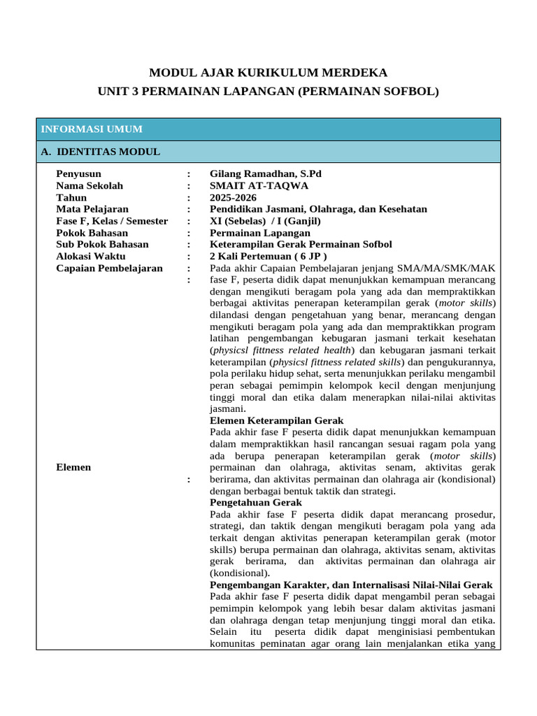 Modul Ajar PJOK Kelas 12 Unit 3 Permainan Lapangan (Permainan Sofbol ...