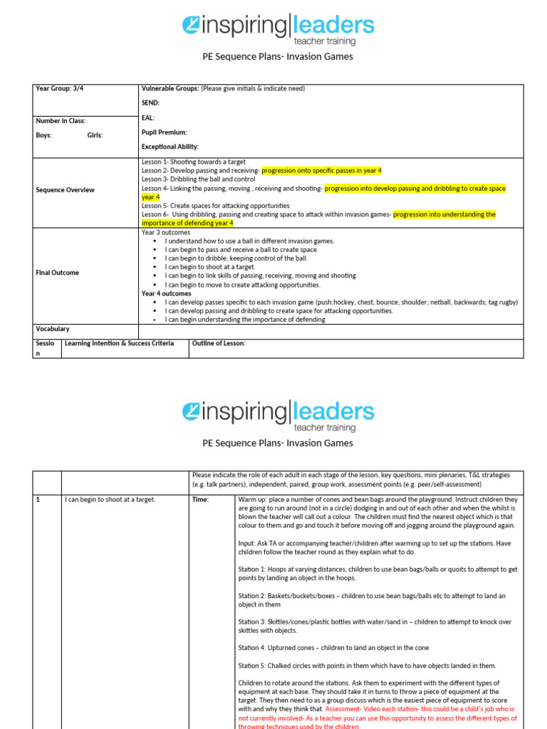 PE Invasion Games Plan Year 3 and 4 1 | PDF | Learning | Evaluation