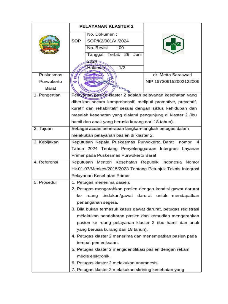 SOP Pelayanan Kesehatan Klaster 2 | PDF