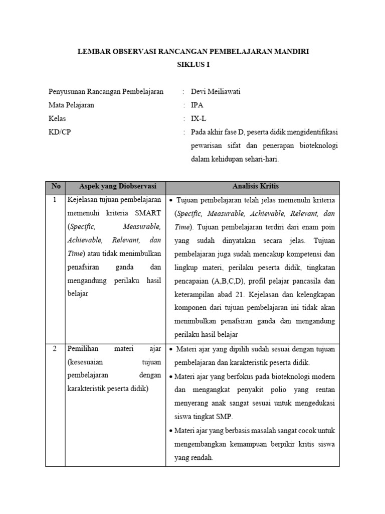 Devi Meiliawati_Lembar Observasi Rancangan Pembelajaran_Siklus 1 | PDF