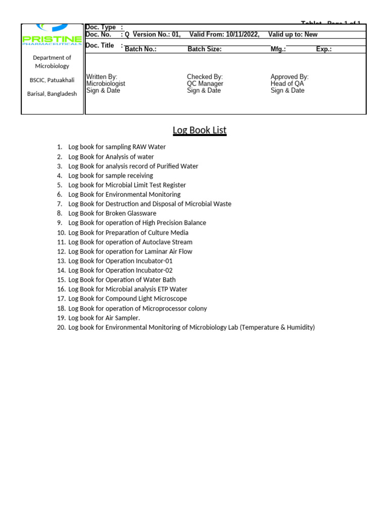 Log Book List | PDF