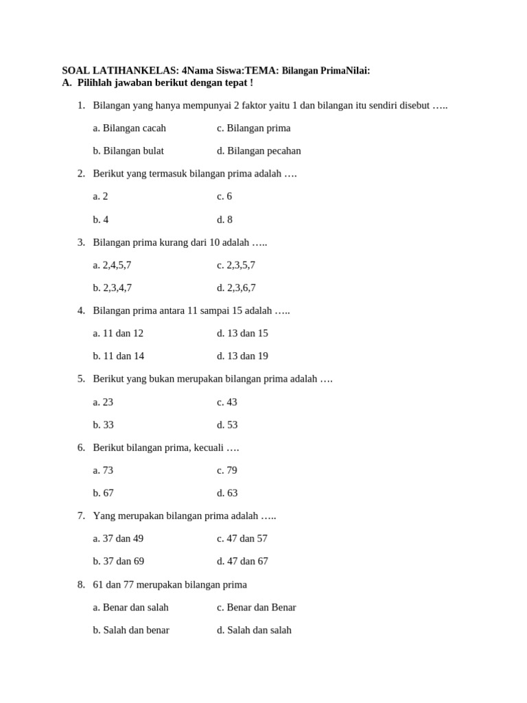 Soal Latihan Bilangan Prima Kelas 4 | PDF
