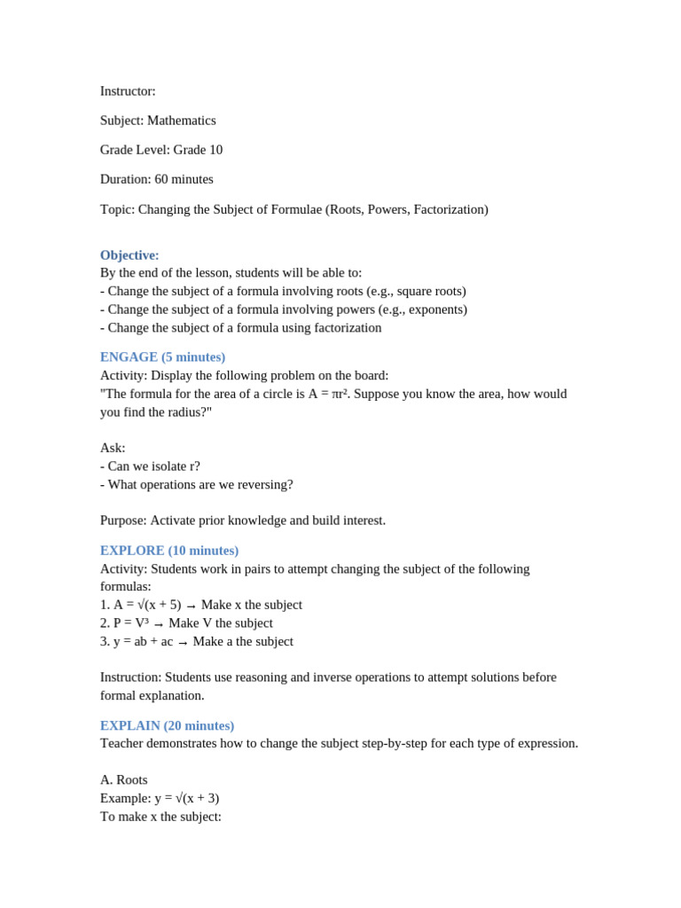 Grade 10 Algebra 2 - Change of Subject | PDF
