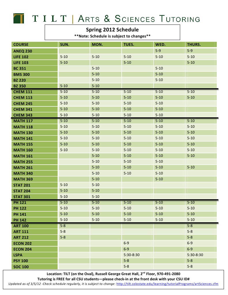 CSU Tutoring Schedule Spring 2012 | PDF | Technology & Engineering