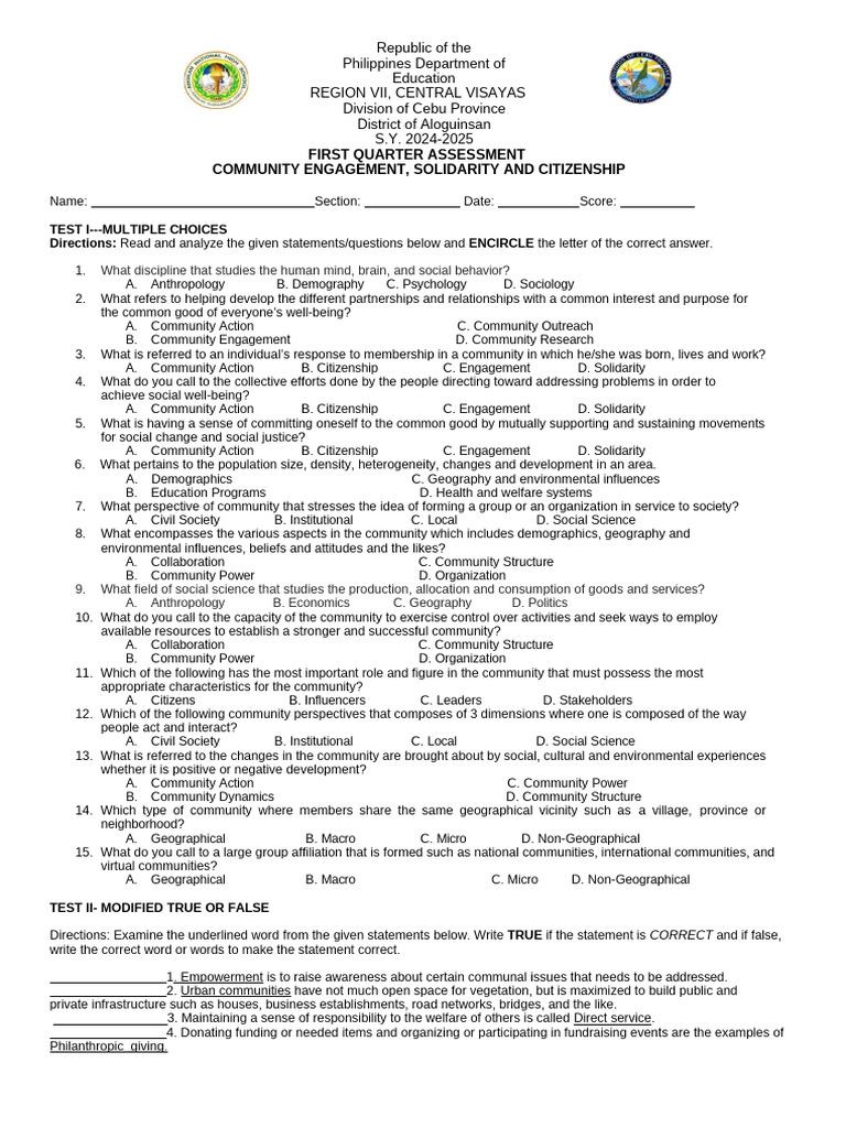1st Exam 1st Quarter-2024-2025 | PDF | Community | Social Sciences