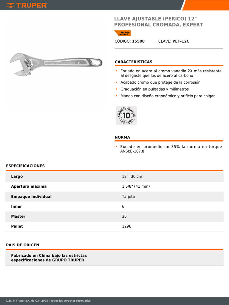 Ficha Tecnica Llave Francesa Cromada 12 Pulg Truper 15508 | PDF