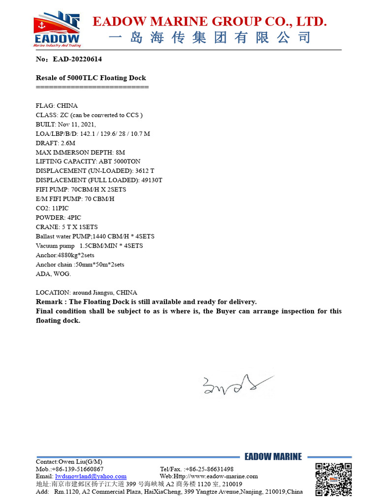 Resale of 5000TLC Floating Dock | PDF