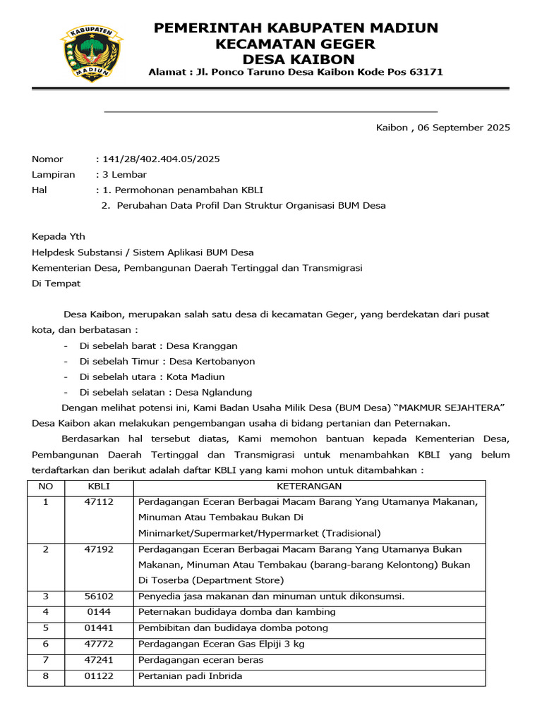 Contoh Surat Penambahan Kbli | PDF