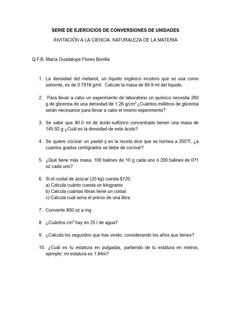 Serie de Ejercicios de Conversiones de Unidades | PDF