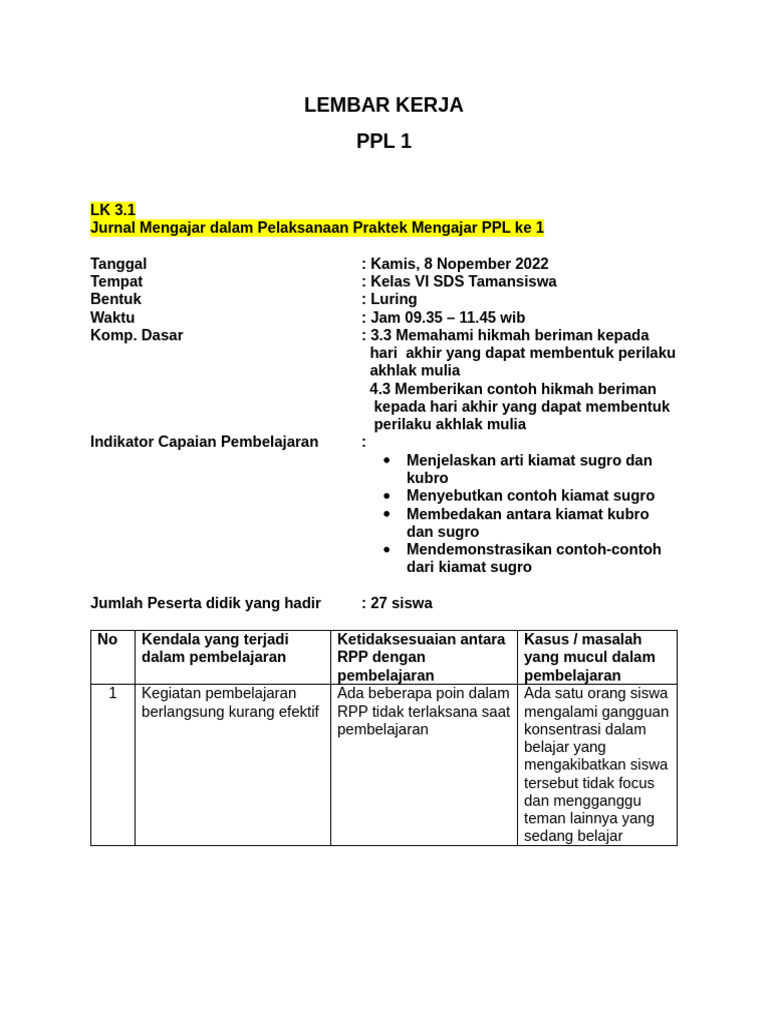 Lembar Kerja PPL 1 | PDF