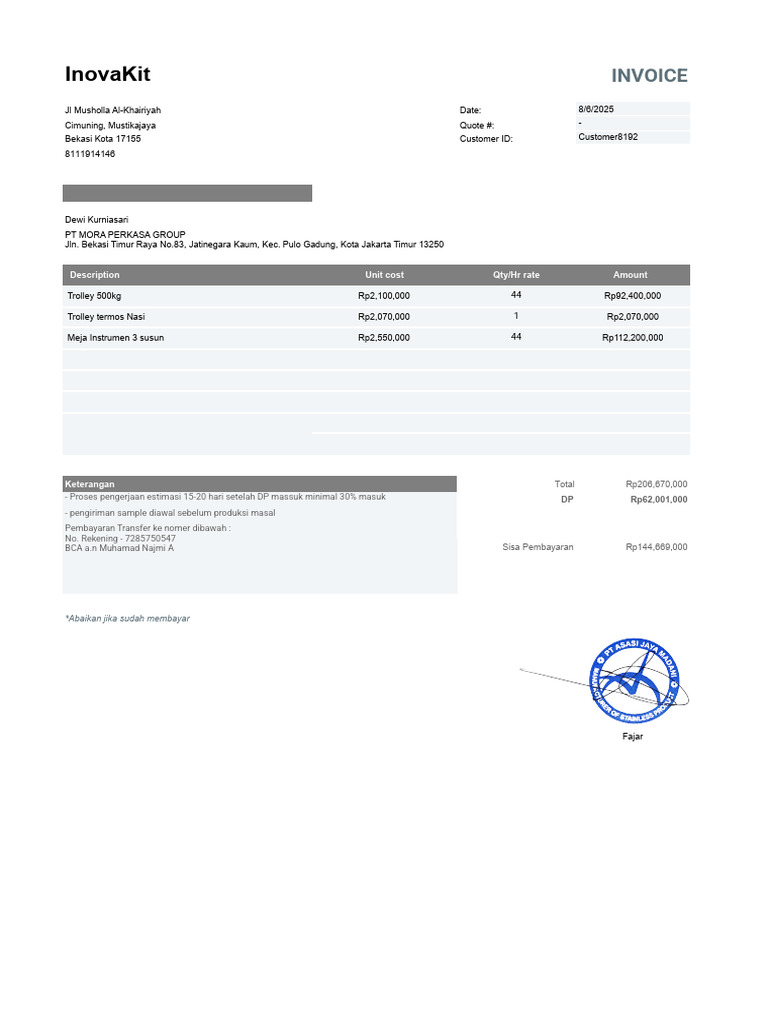 Invoice Pembelian Peralatan PT MORA | PDF