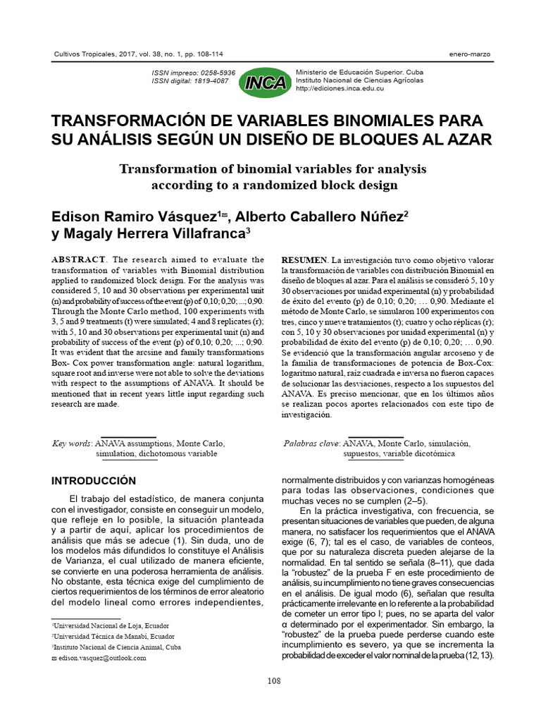 Transformación de Variables Binomiales para Su Análisis Según Un Diseño de Bloques Al Azar | PDF ...
