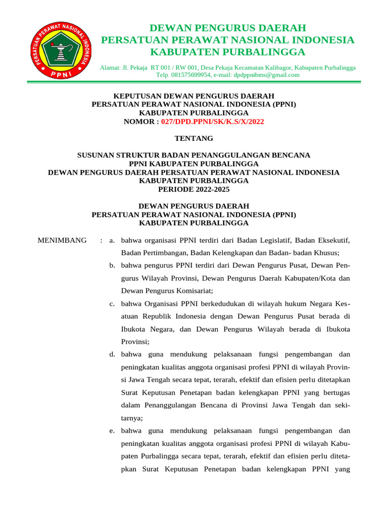 027 SK Susunan Bapena DPD PPNI Kabupaten Purbalingga-1 | PDF