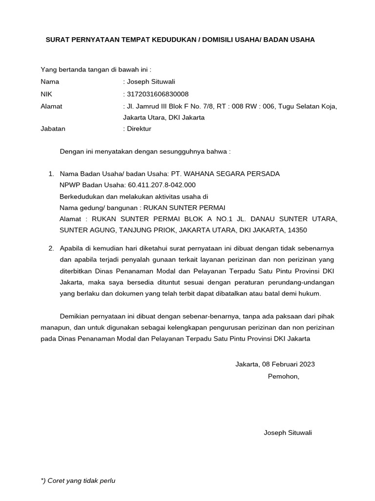 Surat Pernyataan Domisili PT Wahana Segara | PDF