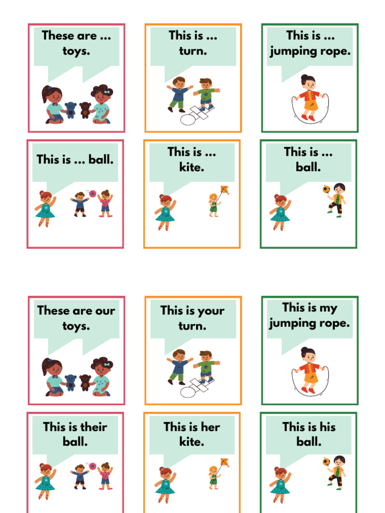 English Possessive Adjectives Flashcards in Colorful Cartoon Style | PDF
