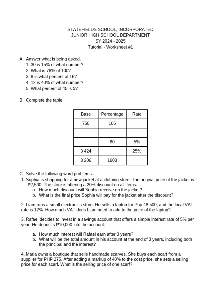 Junior High Math Tutorial Worksheet | PDF | Interest | Prices