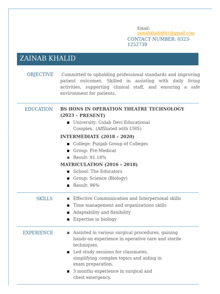 Zainab Khalid: Operation Theatre Tech Resume | PDF