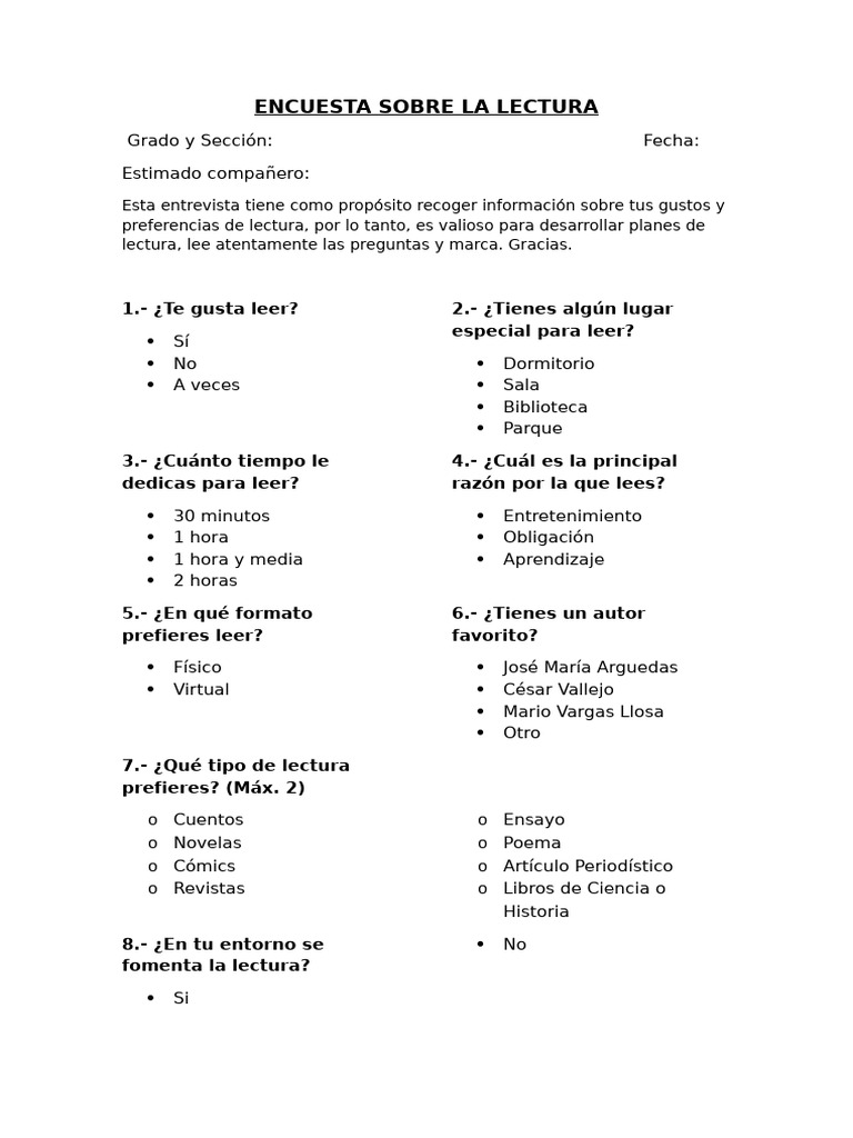 Encuesta Sobre La Lectura | PDF