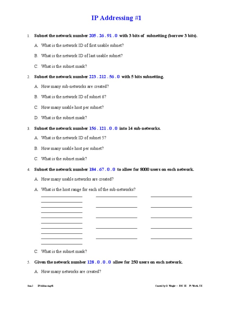 Ip Sub Netting 01 With Answers Pdf Network Layer Protocols