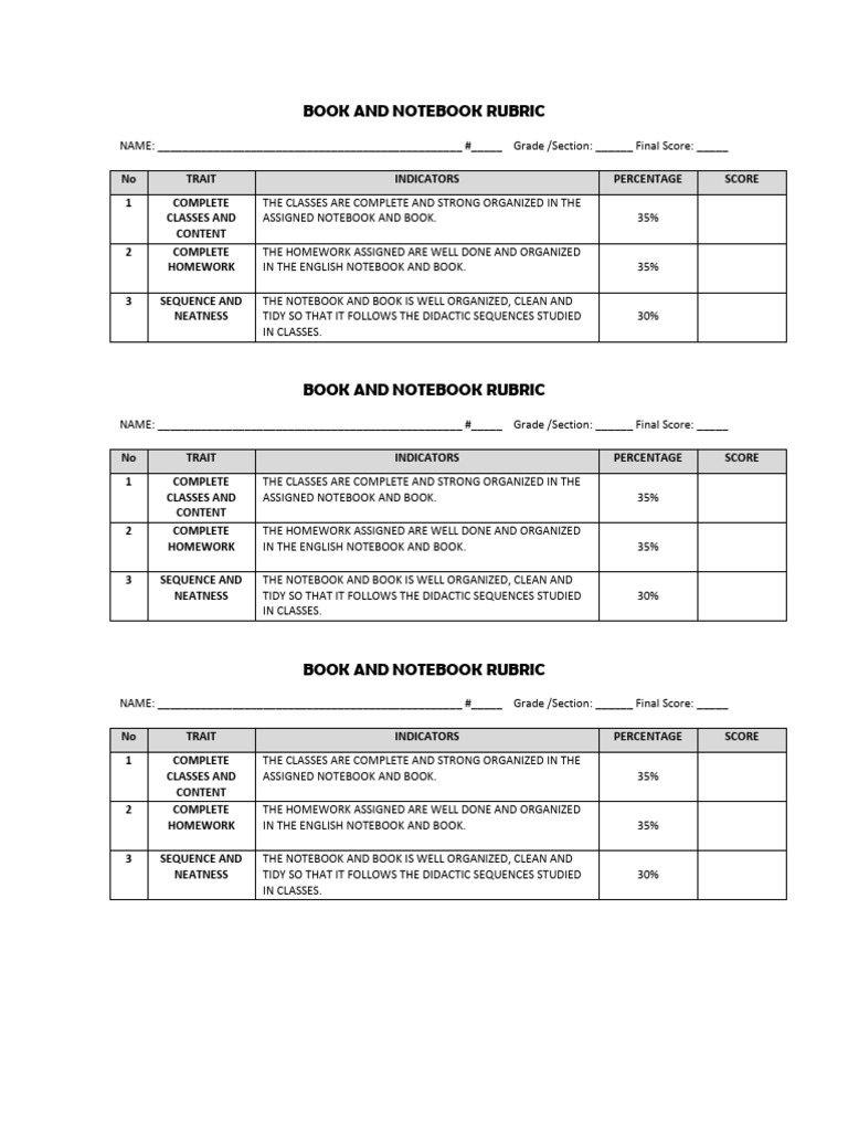 Rubric For Notebook and Book - 095734 | PDF