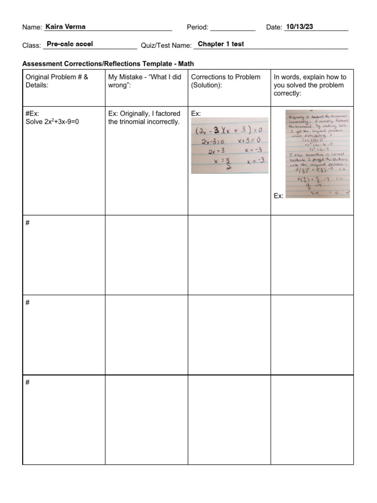 Assessment Corrections - Reflections Template - Math | PDF