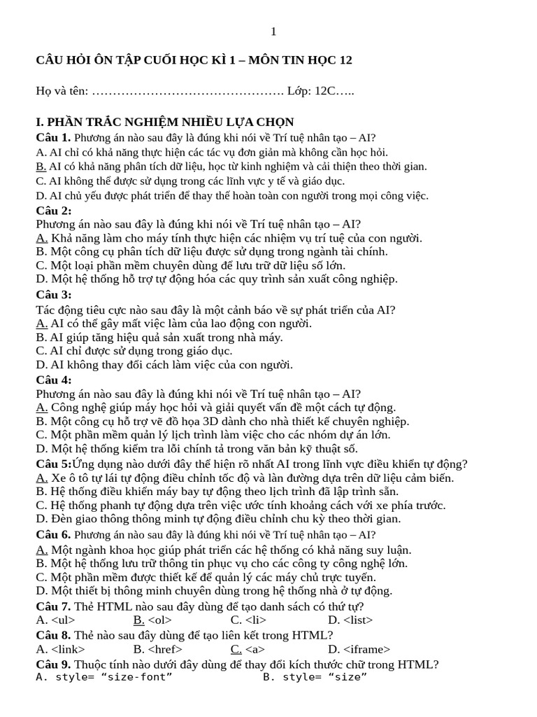 ĐÊ CƯƠNG ÔN TẬP CK 1 - TIN 12 - NTTT- GV | PDF