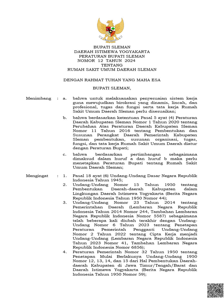 Perbup Sleman No 12 Tahun 2024 ttg SOTK RSUD SLEMAN | PDF