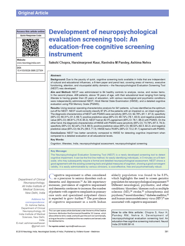 NEST: Education-Free Cognitive Screening Tool | PDF | Mental Disorder ...
