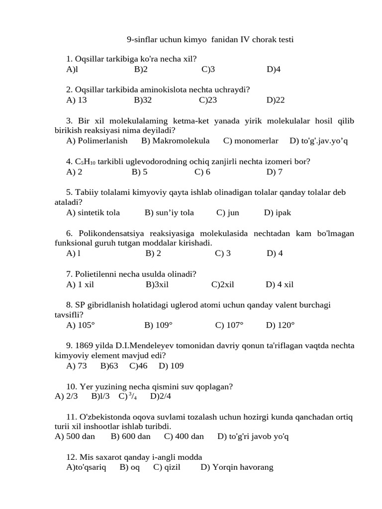 Kimyo Test 9.13 | PDF