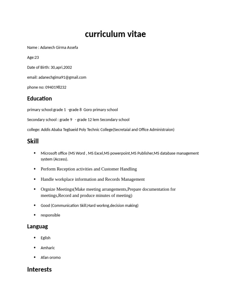 Adanech Girma Assefa CV | PDF