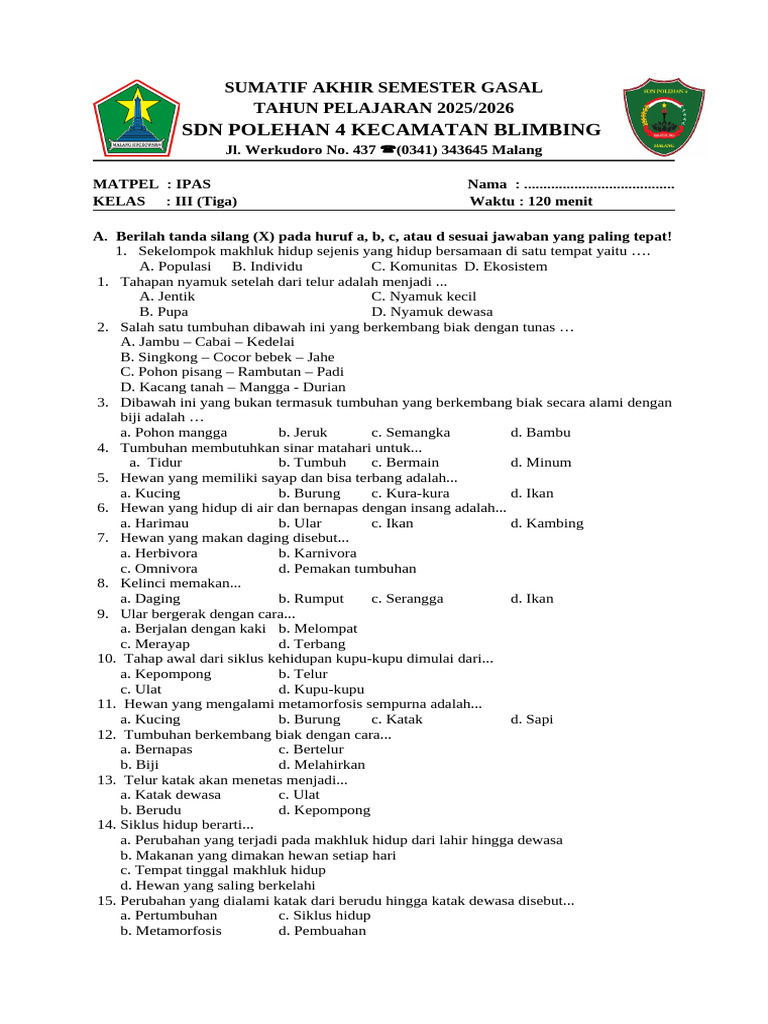 Ujian IPAS Kelas III SDN Polehan 4 | PDF