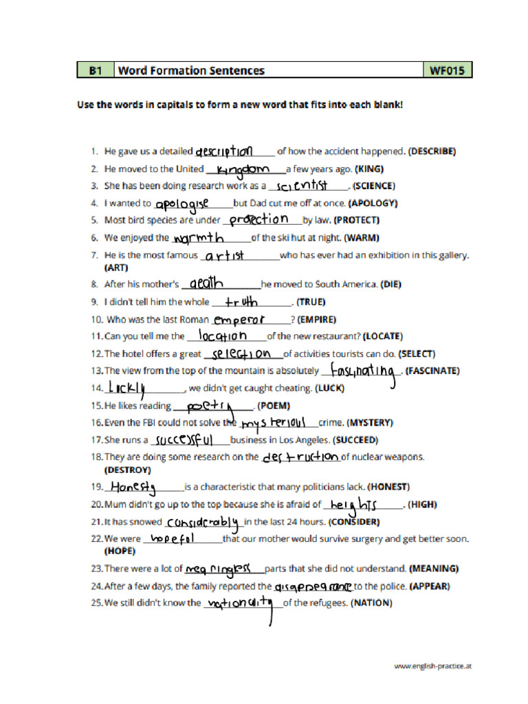 Word Formation Sentences Exercise | PDF