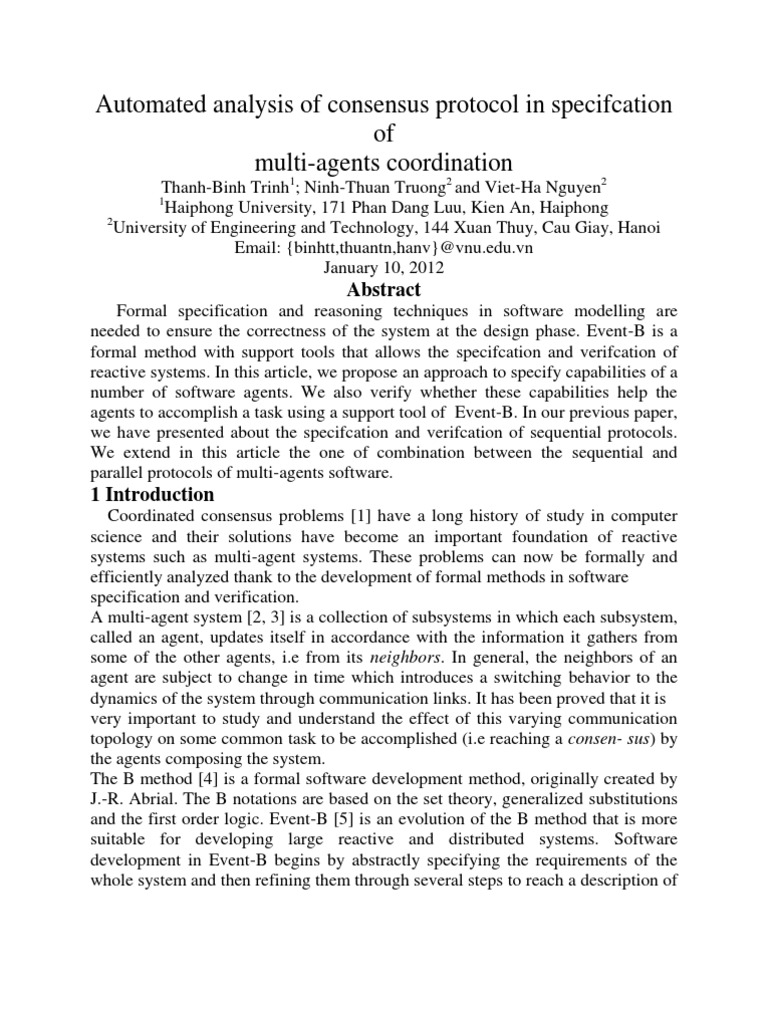 Automated Analysis Of Consensus Protocol In Specifcation Of Multi Agents Coordination Pdf