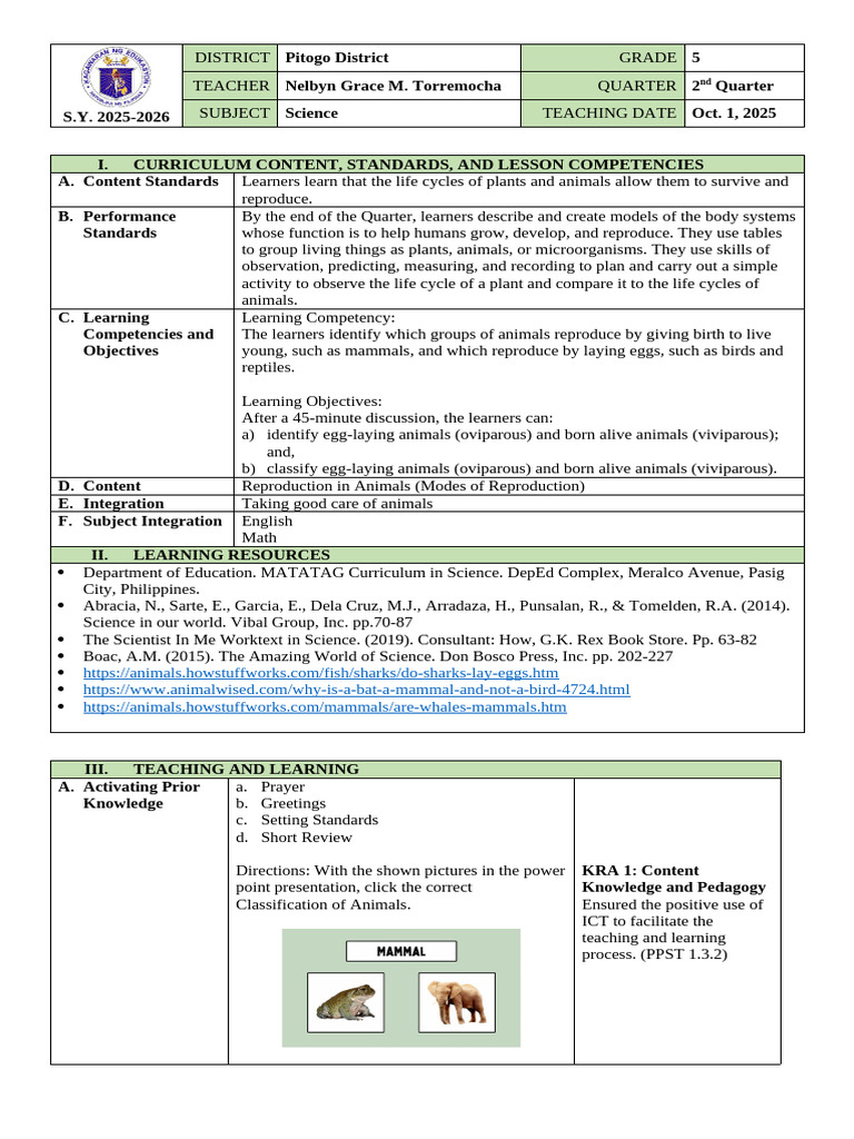 Lesson Plan in Science 5 - Oviparous and Viviparous Animals | PDF | Egg ...