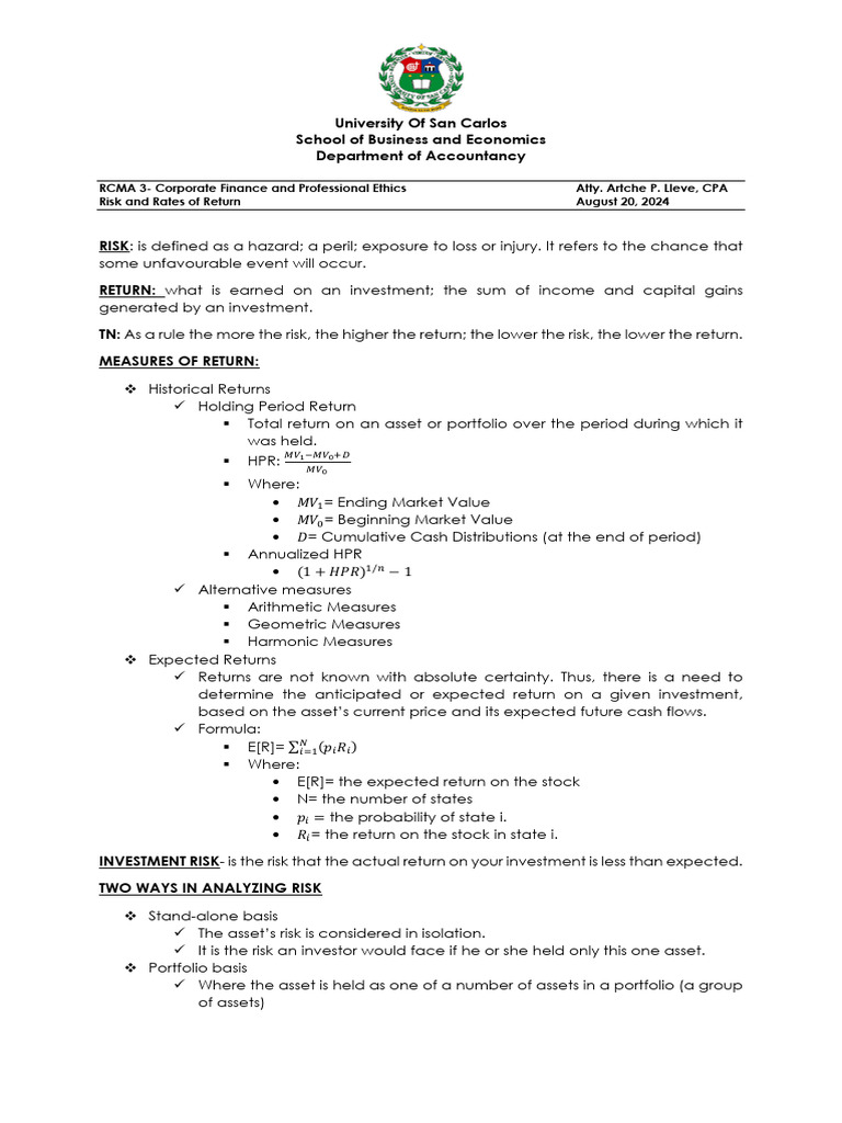 RCMA 3 - B.1 Financial Risk and Return | PDF | Financial Risk | Capital ...