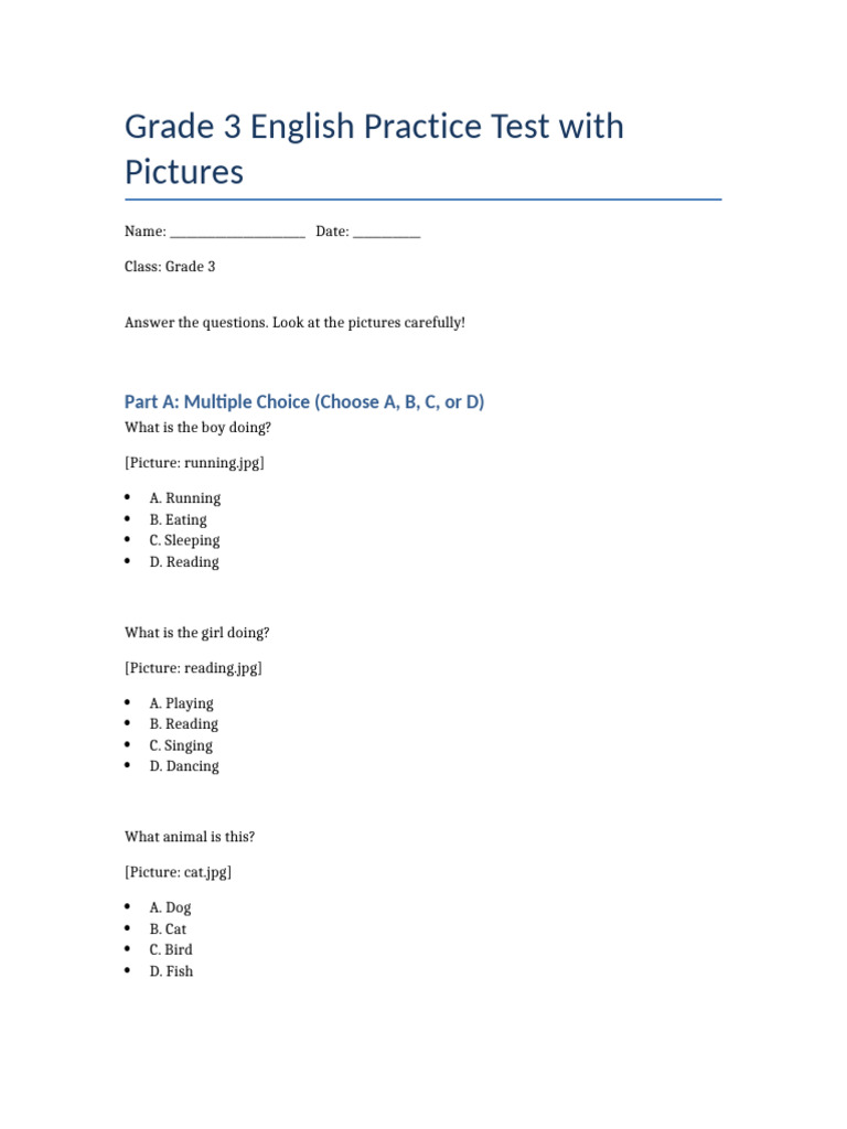 Grade 3 English Picture Test | PDF